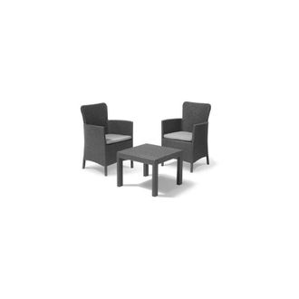 Keter Ensemble de jardin 2 fauteuils avec coussins gris - Table basse 43x59cm - Polypropyl&egrave;ne effet rotin - R&eacute;sistant aux intemp&eacute;ries