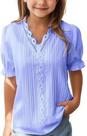 Generic Chemisier Chic Fille Manches Court - Haut Enfants Chic Et Elegant Tops Couleur Unie Chemise Col V Hauts avec Manches Shirt Respirant T-Shirt Soir&eacute;e Ch
