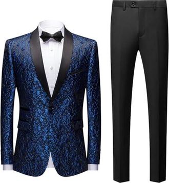 Generic Ensemble de smoking ch&acirc;le &agrave; revers floral pour homme - Motif cachemire et fleurs - Pour mari&eacute;, f&ecirc;te de mariage - Veste de d&icirc;ner &agrave; un bouton, bleu, 3XL
