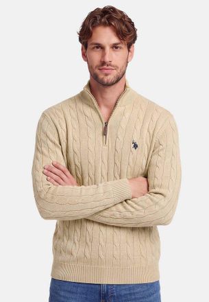 U.S.Polo Association Rundhalspullover Herren Halfzip Pullover mit Zopfmuster und Stehkragen 100% Baumwolle, weich, klassischer Zopfstrick-Look mit Half-Zip