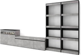 Skraut Home | Wohnwand Wohnzimmer | Wohnzimmerm&ouml;bel, M&ouml;belset | 370x186x35cm | F&uuml;r TV-Ger&auml;te bis zu 65 | Elektrokamin. | Moderner Stil | Zement