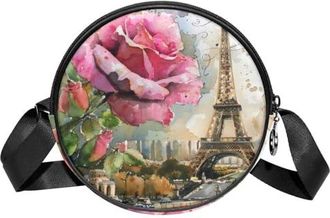 Generic Petit sac &agrave; bandouli&egrave;re rond pour femme, tour Eiffel rose, petit sac &agrave; bandouli&egrave;re avec fermeture &eacute;clair, bretelles r&eacute;glables, sac &agrave; main rond d&eacute;contr