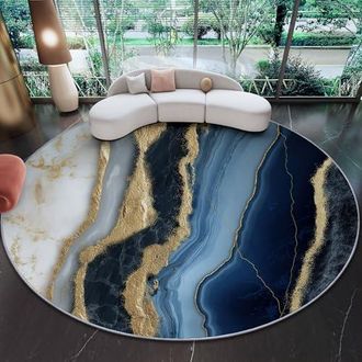 Generic Tapis Rond 100 cm - Lavable en Machine - Bleu Or Tapis de Sol antid&eacute;rapant et Doux - Motif Magnifique Motif marbr&eacute; Lignes - pour Chambre &agrave; Coucher, Sa