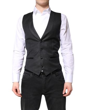 Dolce & Gabbana Mens Black Wool Waistcoat Dress Formal Vest Virgin Silk Polyester