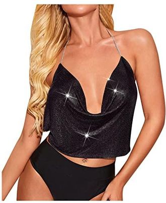 Generic D&eacute;bardeur dos nu pour femme, haut court &agrave; paillettes pour femme, coupe ample, gilet brillant, dos nu, l&eacute;ger, costume de danse du ventre, tenue de fest