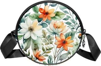 Generic Petit sac &agrave; bandouli&egrave;re circulaire pour femme, motif feuilles florales, sac &agrave; dos avec fermeture &eacute;clair, bretelles r&eacute;glables, sac &agrave; main rond d&eacute;contra