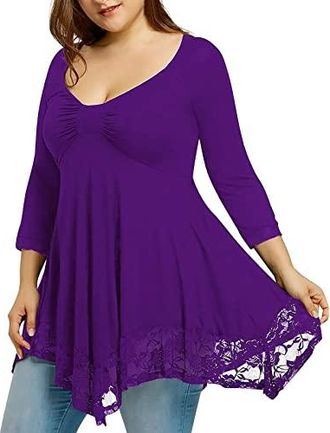 Generic Haut Femme Manche 3/4 Grande Taille Push Up - Tunique Chic et Élégant Couluer Unie Ourlet Dentelle Chemise Décontracté Léger et Respirant Col Rond Tun