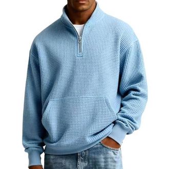 Generic Sweat-shirt gaufr&eacute; &agrave; manches longues avec fermeture &eacute;clair 1/4 pour homme, pull gaufr&eacute; d&eacute;contract&eacute; &agrave; manches longues avec poche, bleu ciel, XXL