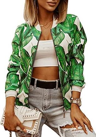 TOMWELL Blouson Bomber Femme Mode Manteau Rétro Biker Moto Zipper Court Fleur Imprimer Veste Chic Printemps Automne À Manches Longues B Vert 44