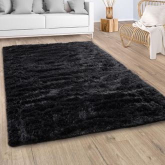 Paco Home Paco Home - Tapis Shaggy Tapis De Salon Fausse Fourrure Poil Long Moelleux Monochrome Noir 200 cm rond