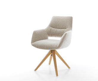 DELIFE Drehstuhl Yago-Flex mit Armlehnen Webstoff Soft Beige Holzgestell kantig Natur 360&deg; drehbar Taschenfederkern, Esszimmerst&uuml;hle