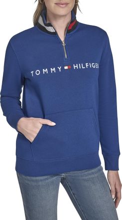 Tommy Hilfiger Damen Fleece Mockneck 1/4 Zip Soft Sweatshirt, Echtes Blau, XS