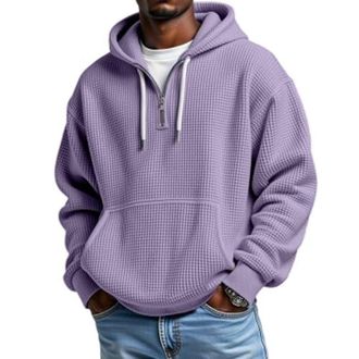 Generic Sweat &agrave; capuche pour homme en tricot gaufr&eacute; avec fermeture &eacute;clair quart de longueur, sweat &agrave; capuche tendance, d&eacute;contract&eacute;, ample, t-shirt &agrave; manches l