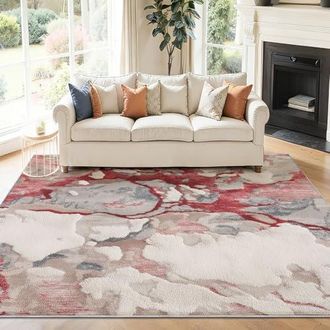 Generic Tapis 140 x 200 cm Rayures Rouges Abstraites Doux Moelleux Robuste Facile &agrave; Nettoyer Moderne pour Chambre Couloir, Gris Rouge