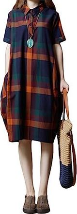 ORANDESIGNE Femme Robe Coton Et Lin Col Rond Boho Chic et Elegant Longue Robe avec Poches Manches 3/4 Midi Robe Lin Grande Taille Robe de Plage Bikini Cover Up Po