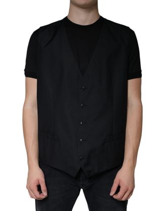 Dolce & Gabbana Mens Black Wool Waistcoat Dress Formal Vest Virgin Silk