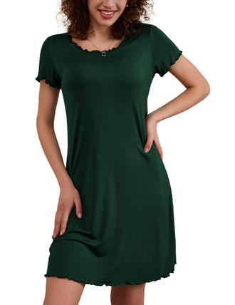 Ekouaer Damen Nachthemd Kurzarm Nachtw&auml;sche Kurz Nachthemden Sommer Sleepshirt Negligee Schlafshirt Knielang R&uuml;schen, Dunkelgr&uuml;n, XXL