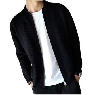 Generic Veste &agrave; manches longues et col montant c&ocirc;tel&eacute;e simple et d&eacute;contract&eacute;e pour homme - Couleur unie - Manches longues - Fermeture &eacute;clair int&eacute;grale, Noir, 
