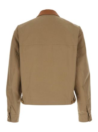 Versace Mens Jacket With Leather Collar, Beige Cotton Coat