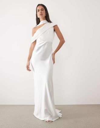 Six Stories robe longue de mari&eacute;e blanche &agrave; une &eacute;paule avec d&eacute;tail foulard en satin