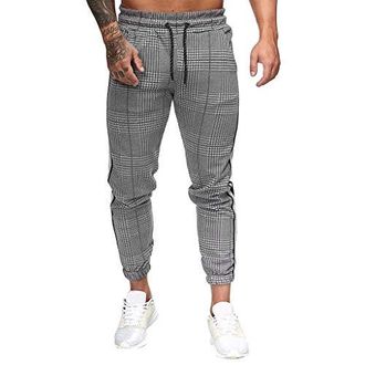 Generic Pantalon décontracté pour homme, coupe ajustée, pantalon de survêtement à carreaux, pantalon de jogging à bas fermé, taille élastique, pantalon de dét