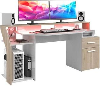Parisot Bureau Silver avec led - Décor chene et mélamine blanc brillant - l 178 x p 88 x h 68 cm