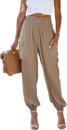 Cupshe Pantalon de jogging froncé taille haute pour femme avec poches plaquées latérales, Naturel, XL