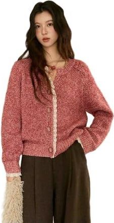 Generic QXDZSW Cardigan tricot&eacute; pour femme Automne Hiver &Eacute;l&eacute;gant Dentelle Col V Simple Boutonnage Pull Commute Manches Longues Haut, rose, L