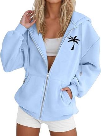 Generic 2026 Veste &agrave; capuche d&eacute;contract&eacute;e &agrave; manches longues avec cordon de serrage pour femme Motif arbre, bleu clair, XXL