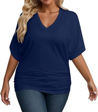 Generic Chemises dété à manches courtes et col en V pour femmes avec fronces latérales, coupe ample, bleu marine, 5XL