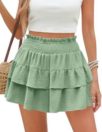 Heekpek Short Femme Ete Fluide à Volants Shorts Taille Haute Ceinture Élastique Jambes Larges Jupe Short de Plage Confort Mini Shorts de Vacances avec Doublur