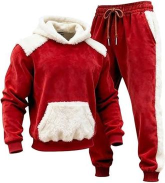 Generic Costume de Noël à capuche pour homme, manteau de Père Noël rouge en velours rouge et blanc avec bordure en fausse fourrure, robe de soirée moche, swea