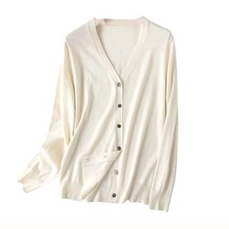Generic Cardigan l&eacute;ger en soie pour femme avec col en V boutonn&eacute; et manches longues, Cr&egrave;me, M