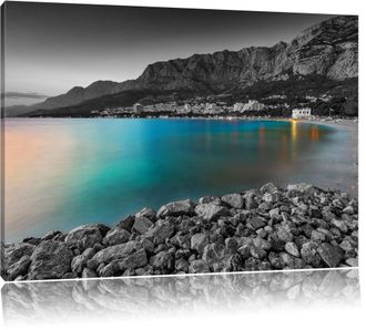 Pixxprint sensationeller Strand in Makarska Kroatien B&W, Gr&ouml;&szlig;e: 120x80cm, Leinwandbild, fertig gespannt, Wandbild, Dekoration, Kunstdruck, kein Poster