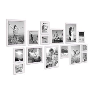 Photolini Bilderrahmen-Set Holz Weiß Landhaus-Stil, 15er Set Holz-Rahmen, Made in Germany, Echtglas, zum Aufhängen, mit Zubehör - perfekt für Familienfotos & Ur