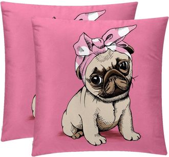 Generic 2 x Kissenbezüge, dekorativer quadratischer Kissenbezug, weich, lustig, Mops, Welpen, Hunde, Make-up, Kissenbezug für Sofa, Schlafzimmer, Stuhl, Auto