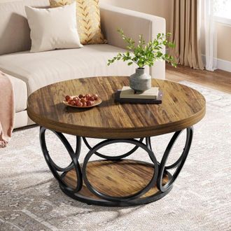 Tribesigns Tribesigns Table Basse Ronde 2 Niveaux, Table de Salon Bois 80 cm, Structure en m&eacute;tal, T-Able Ronde Bois, Plateau &Eacute;paissi, Facile &agrave; Monter Industriel
