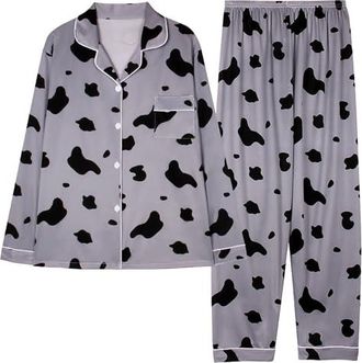 Generic Ensemble de pyjama pour femme, pyjama en flanelle de coton pour femme, coupe ample, manches longues, col en V, boutonn&eacute;, v&ecirc;tements de nuit 2 pi&egrave;ces av