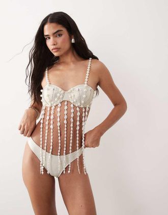 Asos Haut de bikini &agrave; franges orn&eacute; de perles - Blanc
