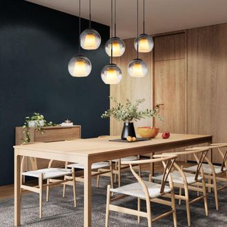 Globo Lighting Suspension lampe suspendue salle &agrave; manger lumi&egrave;re cristaux boules de verre fum&eacute;e noir E27