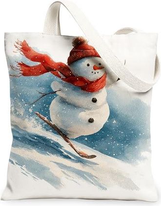 Generic Sacs fourre-tout en toile motif bonhomme de neige réutilisables, jolis sacs dépicerie réutilisables, légers et lavables avec bandoulière pour le shopp