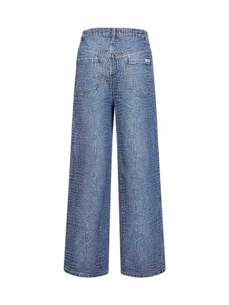 Self Portrait Womens Jeans Croc-Effect Rhinestone Blue Polyester