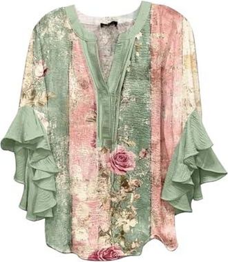 Generic T-shirt pour femme - Col en V - Manches &agrave; volants - Imprim&eacute; floral - L&eacute;ger et respirant - Haut fluide - D&eacute;contract&eacute; - T-shirt de loisirs pour femme, c