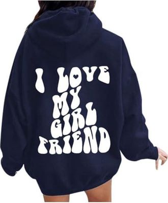 Generic Sweat &agrave; capuche confortable avec poches et lettres imprim&eacute;es pour la Saint-Valentin 2026, bleu marine, 4XL