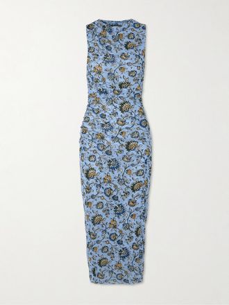 Veronica Beard Sylviani Midikleid Aus Stretch-t&uuml;ll Mit Blumenprint Und Raffungen - Blau