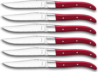 Amefa Lou Laguiole Louis Steakmesser-Set, 6-teilig, Griffe Rot, Mikro-Wellenschliff mit langanhaltender Schärfe, super scharf & schnitthaltig, Steakbesteck,
