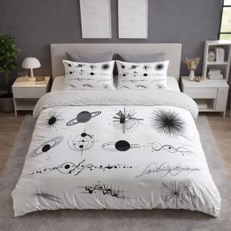 Generic Bettw&auml;sche 220 x 240 cm 3er Set Bettbezug Set Mit Kissenbezug 80 x 80 cm Wei&szlig; Minimalistisch Weltraum Planet Weicher und Strapazierf&auml;higer Mikrofasera