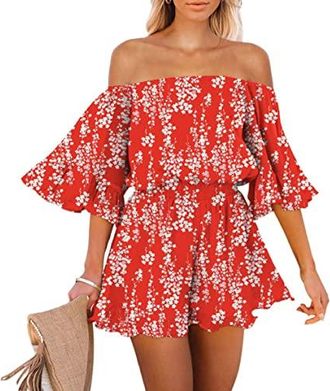 Pink Queen Combinaison bohème sans bretelles, mini robe, à volants, grenouillère, épaules dénudées, rouge, L