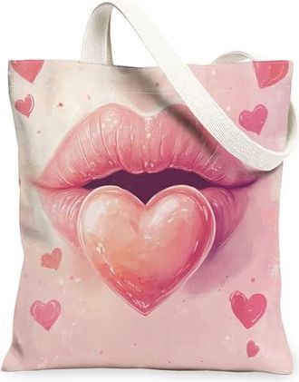 Generic Love Kiss Sacs fourre-tout en toile r&eacute;utilisables avec motif coeur, romantique, chic, l&eacute;ger, lavable, pour voyage, plage, shopping, 33 x 38,1 cm