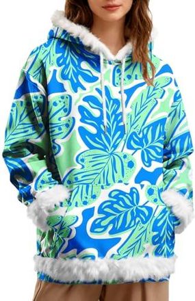 Generic Sweat &agrave; capuche en peluche avec bordure en fausse fourrure pour femme avec poche, imprim&eacute; floral, chandail surdimensionn&eacute; pour femme, pull dhiver d&eacute;co